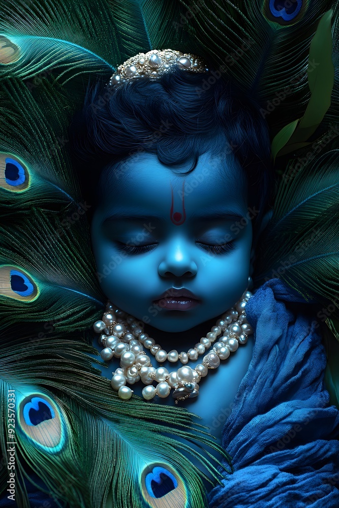 Cute little sleeping baby Krishna with blue skin and peacock feather ...