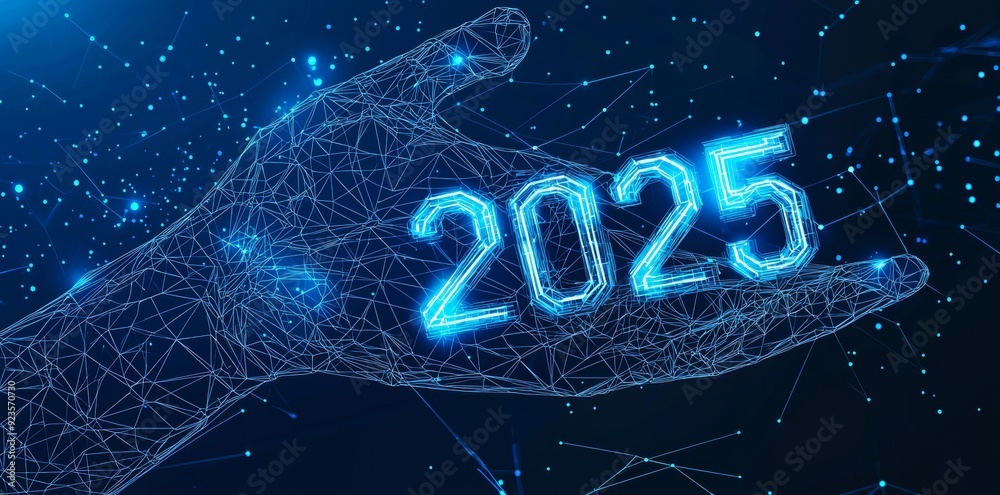 Digital image of a polygonal hand holding the year 2025, emphasizing ...
