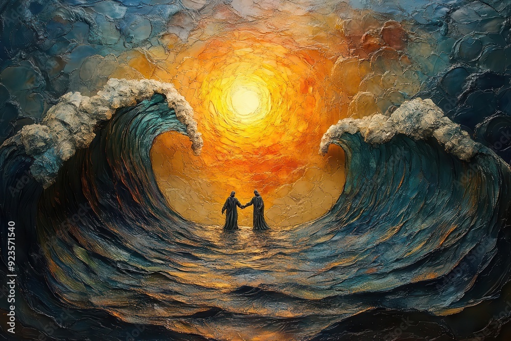 biblical scene of moses parting the red sea stylized as an illuminated ...