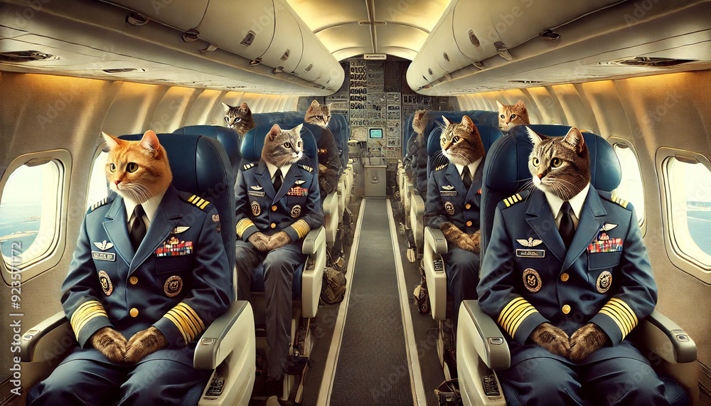 A group of cats dressed in pilot uniforms sit in an airplane. The image ...