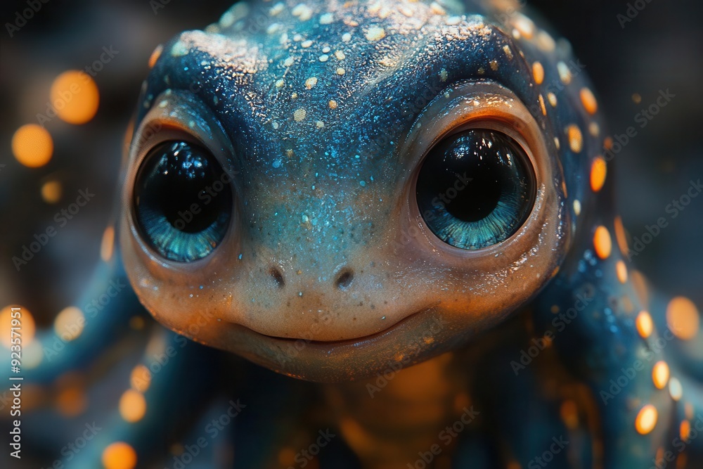 bioluminescent alien creature with large expressive eyes tentacles wave ...