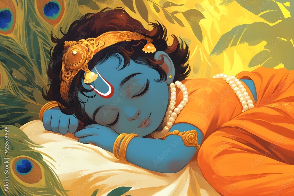 Cute little sleeping baby Krishna with blue skin and peacock feather ...