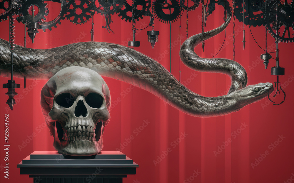 large human skull on a pedestal with a red background. Mechanical gears ...