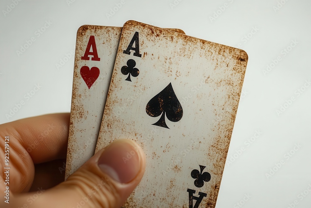 closeup of a hand holding two playing cards the ace of hearts and ace ...