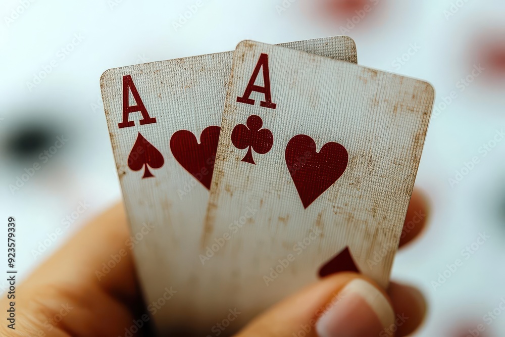 closeup of a hand holding two playing cards the ace of hearts and ace ...