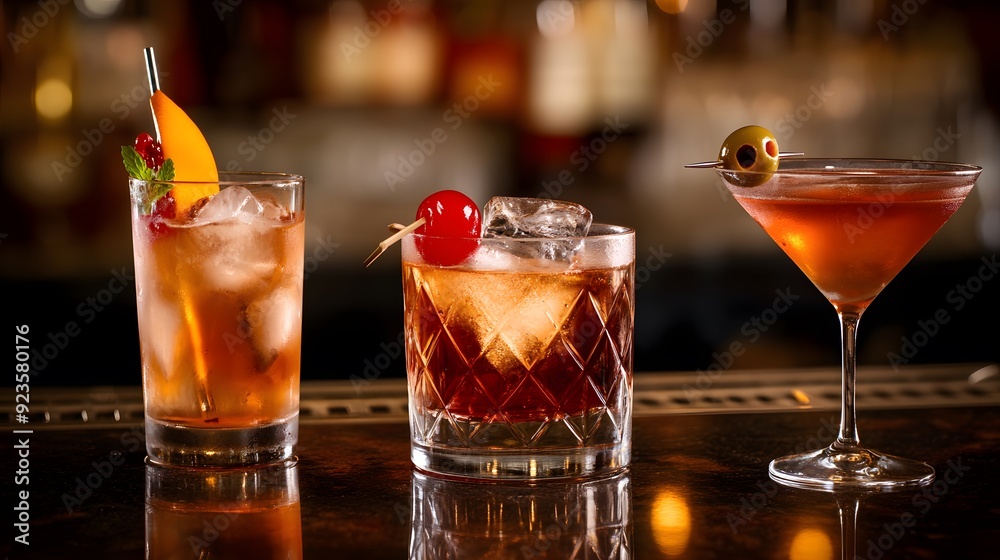 Three different types of colorful cocktails with straws and garnishes ...