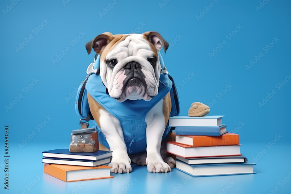 studio shot, Cute puppy bulldog and old books . Concept of care ...