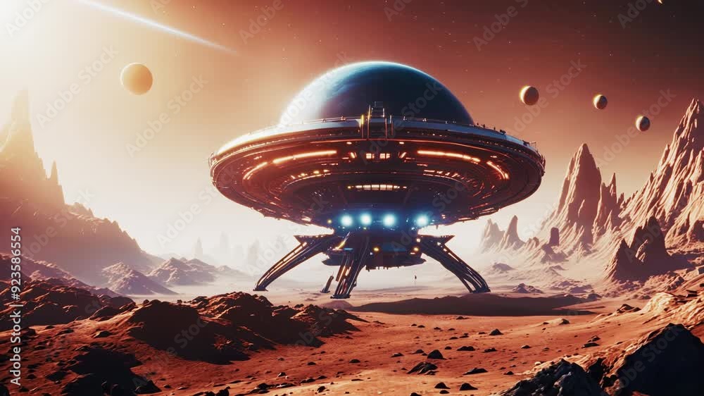 Science fiction illustration of flying saucer like spaceship on the ...