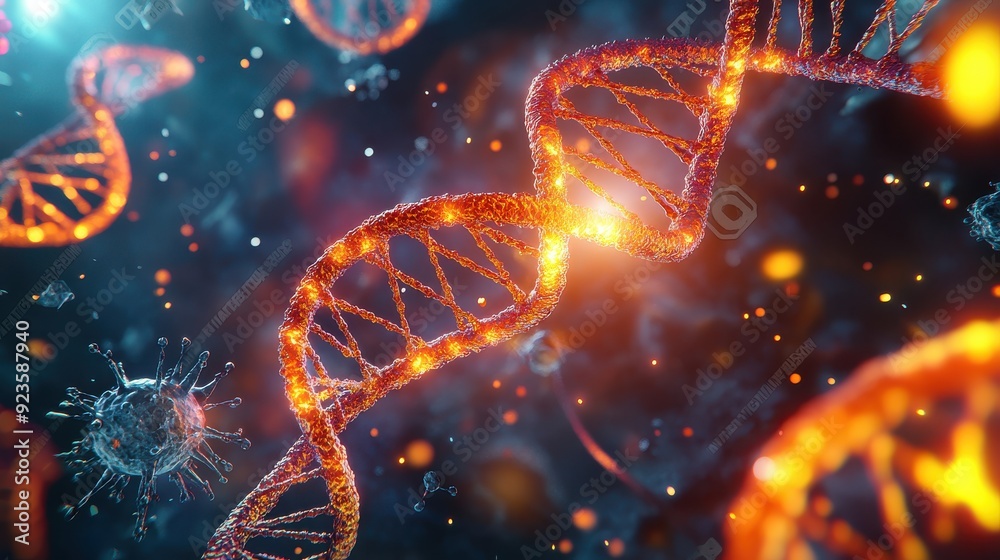 Microscopic 3D view of a genetic cell, intricate DNA strands ...