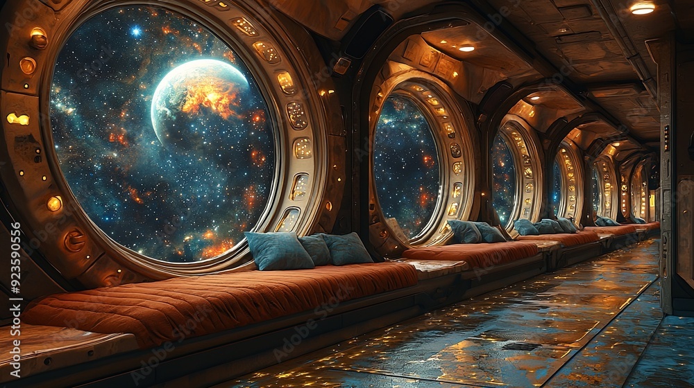 vintage spaceship interior Interplanetary cruise ship star-filled ...