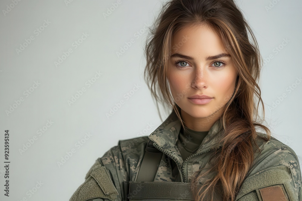 determined female soldier in tactical gear striking a powerful pose ...