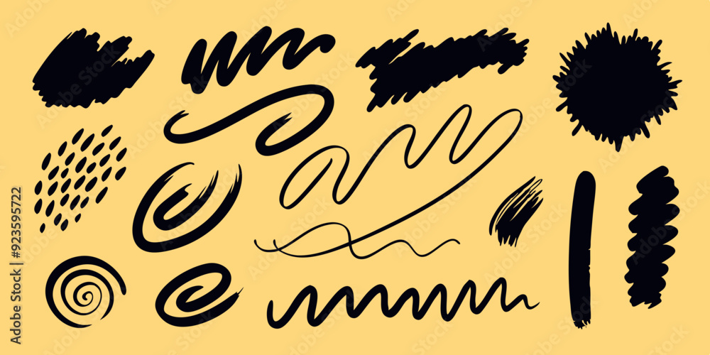 Ink brush stroke scribble, vector doodle handwriting squiggle set ...