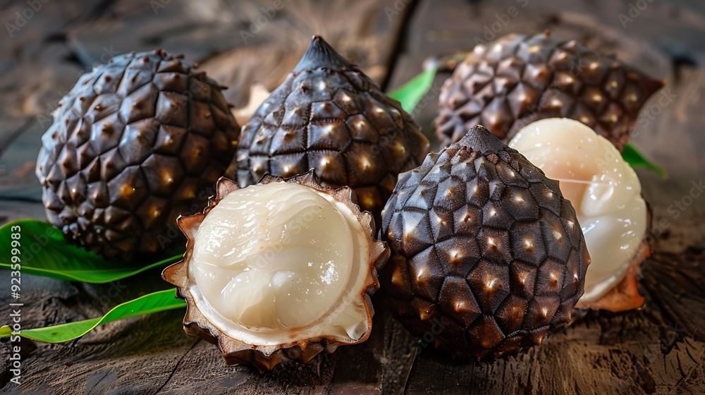 Several Balinese snake fruits with their scaly skin peeled back ...