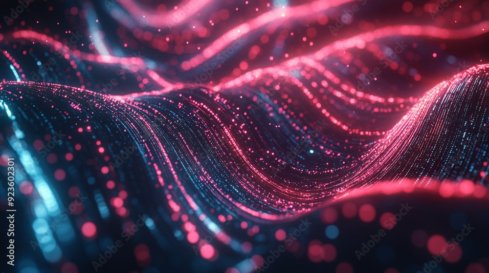 An abstract representation of data flow, with streams of glowing particles converging and ...