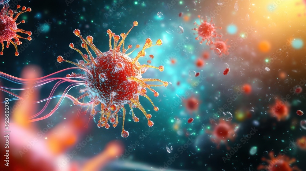 3D microscope view of a virus interacting with plasma cells, vein ...