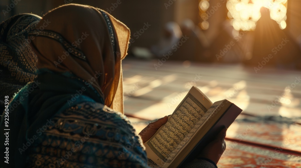 Two Muslim people are reading and studying the holy book of Islam, the ...