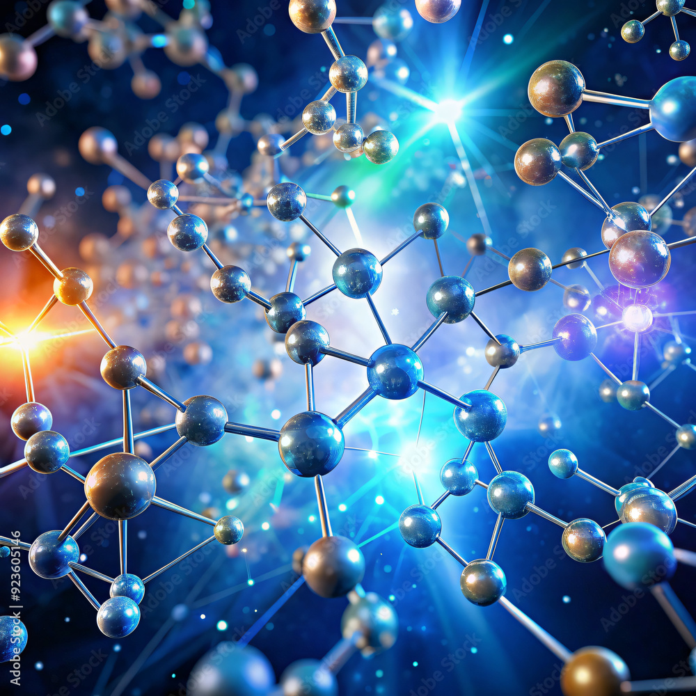 Abstract blue background featuring a 3D model of a chemistry molecule ...