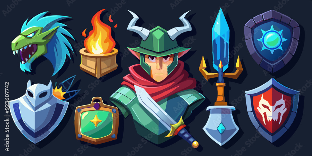 Game fantasy icon set, vector magic dungeon dragon RPG sign, medieval ...