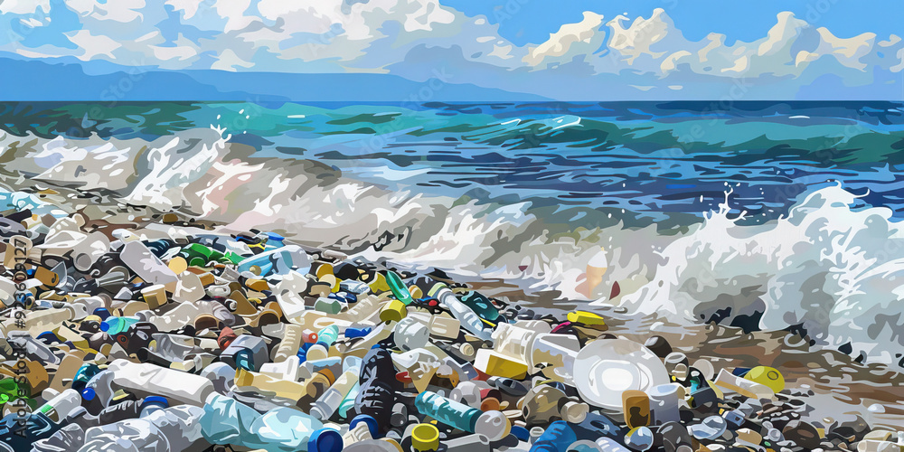 Plastic pollution in a tidal wave of the ocean. Trash and recycle in ...