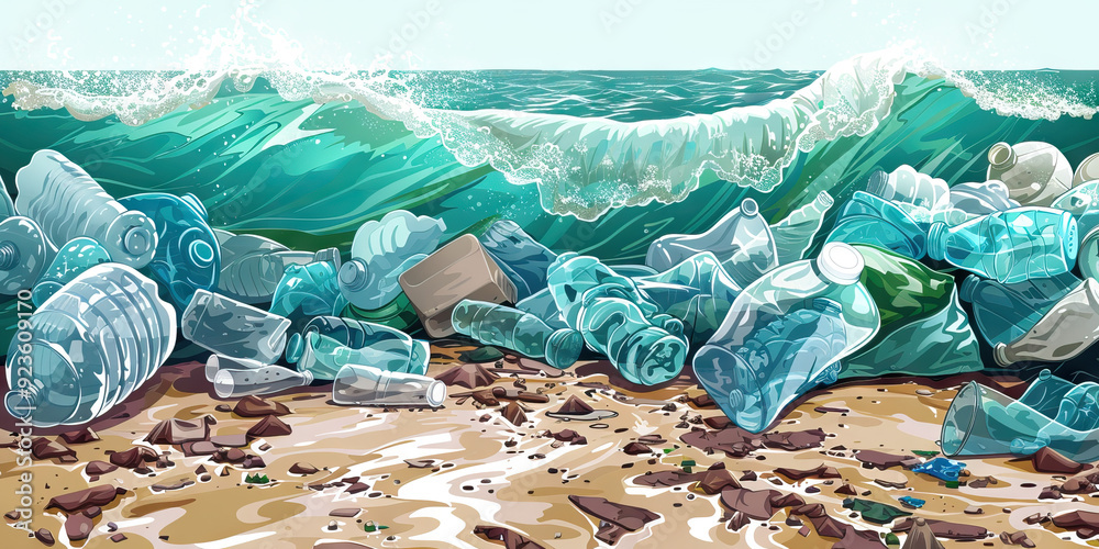 Plastic pollution in a tidal wave of the ocean. Trash and recycle in ...