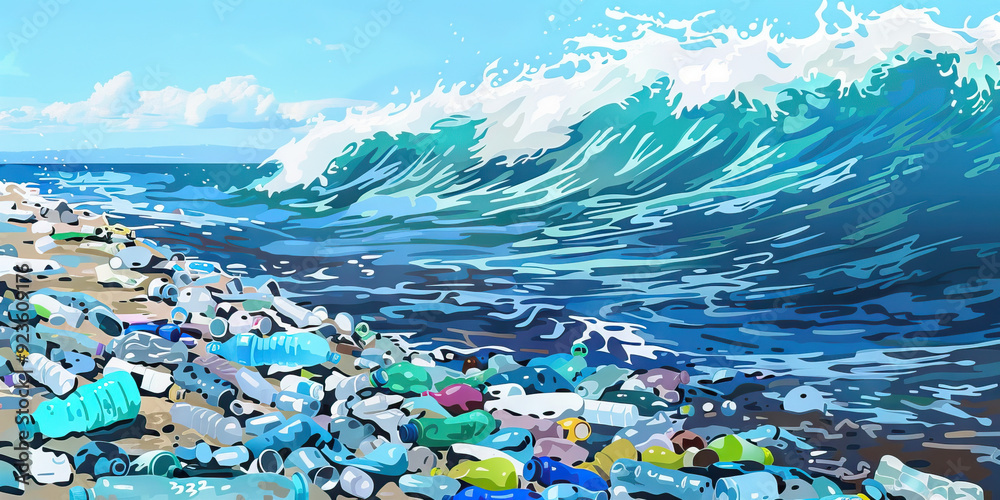 Plastic pollution in a tidal wave of the ocean. Trash and recycle in ...