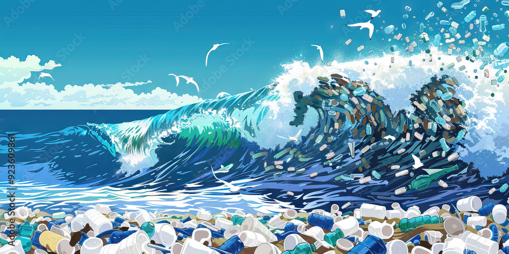 Plastic pollution in a tidal wave of the ocean. Trash and recycle in ...