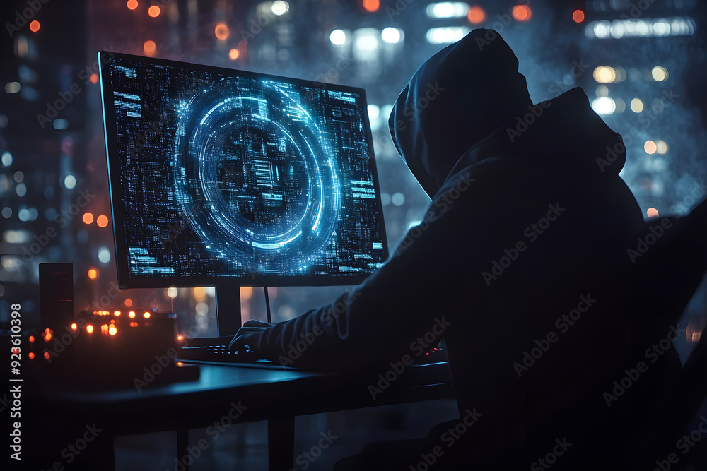 A hacker at a desk using a computer with a digital tech circle on a ...