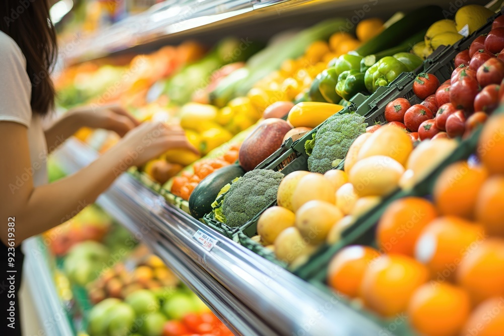Fresh fruits and vegetables neatly displayed on supermarket shelves ...