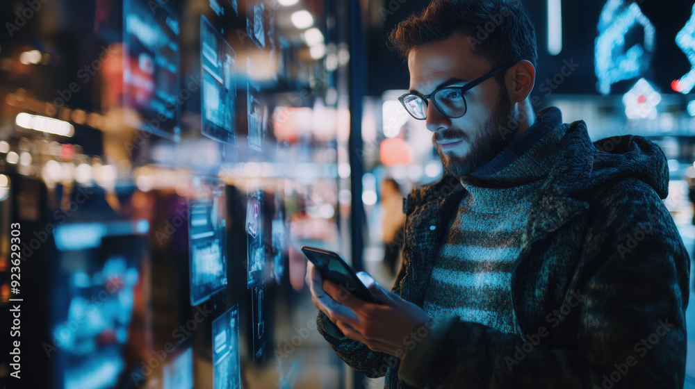 Man looking at his smartphone, navigating through store options, with a ...