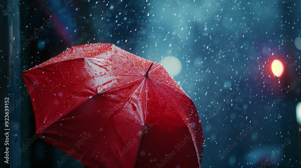 The photo shows a red umbrella opened in the rain. Raindrops are ...