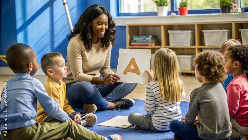 female teacher hold flashcard with letter a teaching Stock Photo ...