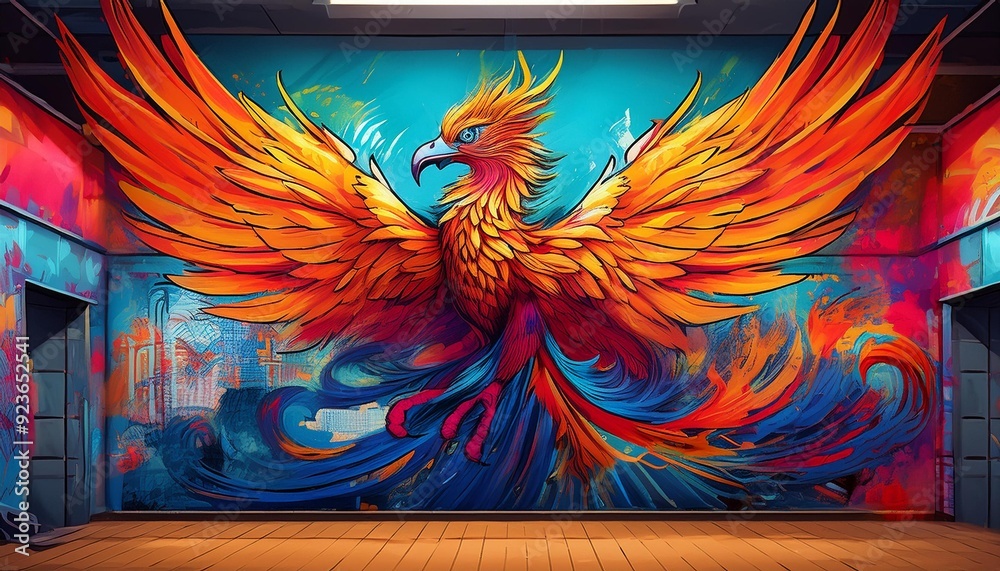 Graffiti phoenix rising illustration art on a fitness center wall ...