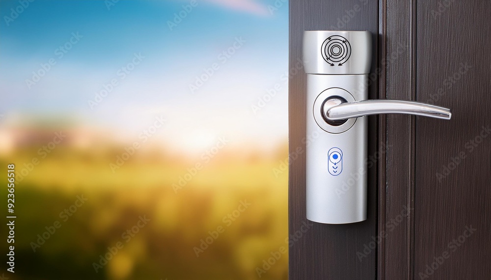 Smart Door Lock Focus on a smart door lock on a front door, with a ...