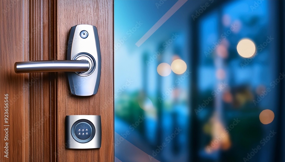 Smart Door Lock Focus on a smart door lock on a front door, with a ...