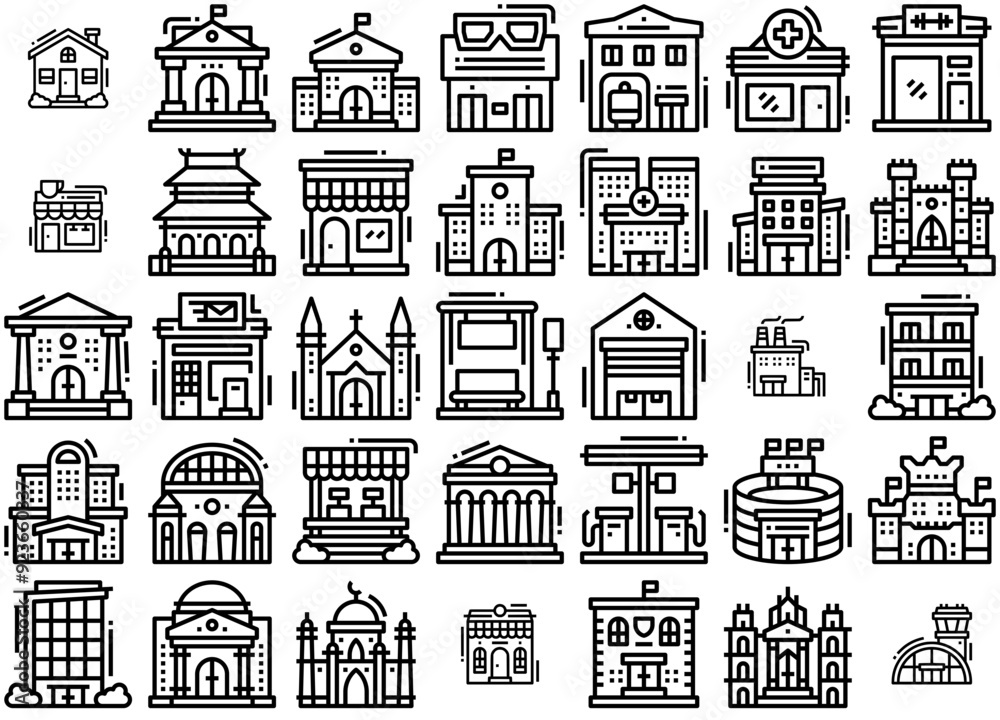 Set Of Linear Buildings Icons Collection Isolated Silhouette Solid ...
