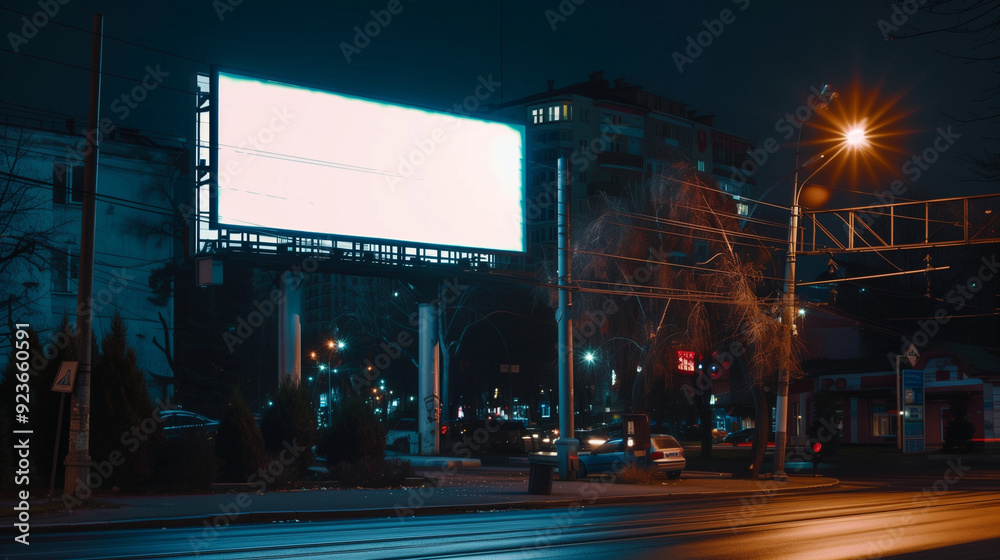 The image shows a night cityscape with a large brightly lit billboard ...