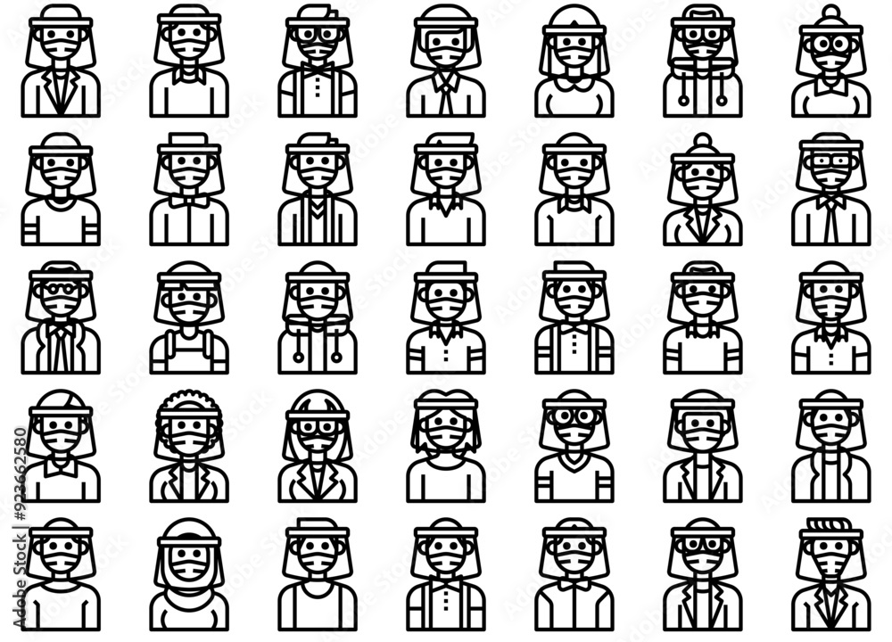 Vetor De Set Of Avatar With Face Shield Outline Vector Symbols Apps Websites Ui Designs