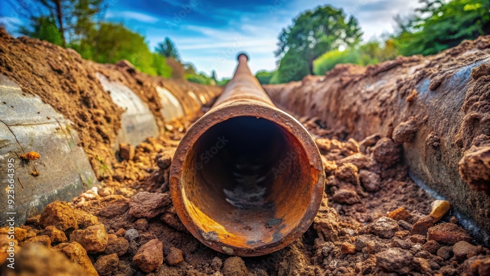 Rusty water pipe in the trench ground view, rusty, water, pipe, trench ...