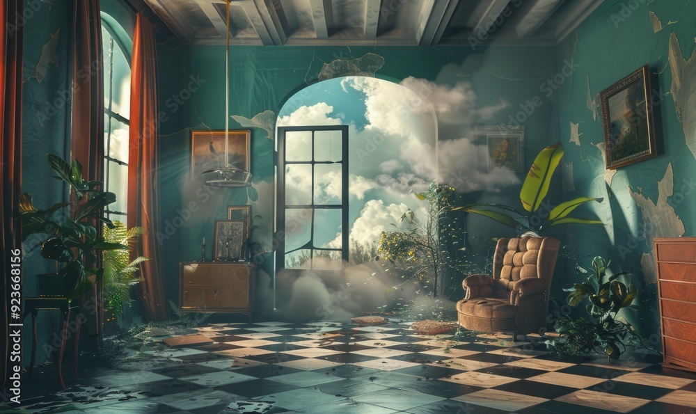 Whimsical room with impossible architecture, blending everyday elements ...