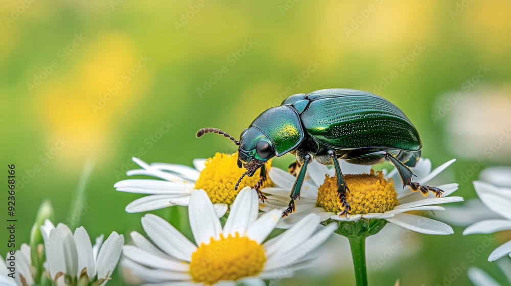 An impressive close-up of a June beetle in a field of daisies. This ...