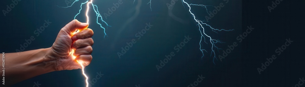Hand grasping lightning, intense and powerful, storm energy Stock ...
