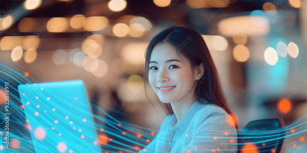 Professional woman on a laptop, integrating corporate graphic lines for ...