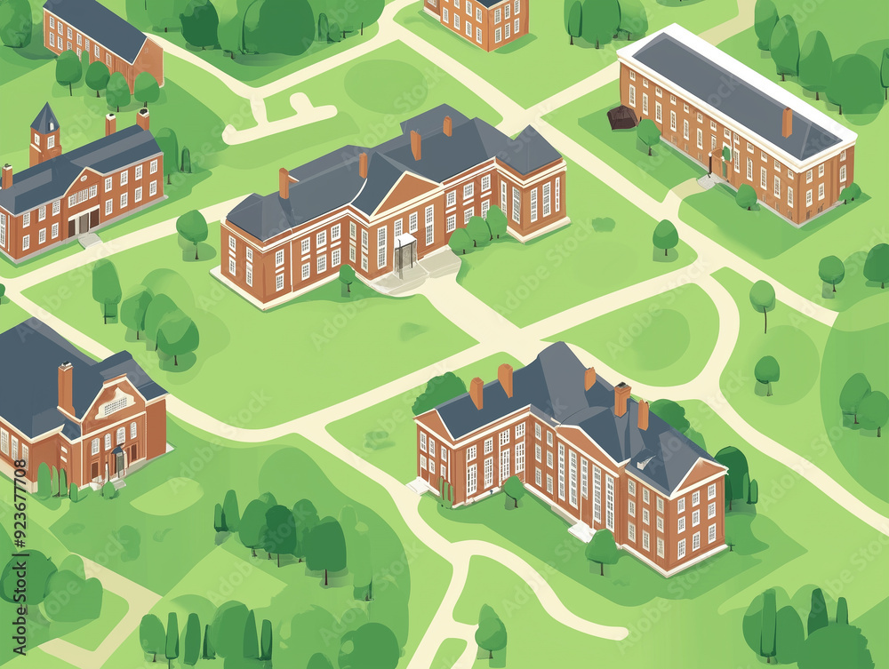 University campus with historic buildings, pathways, and green lawns ...