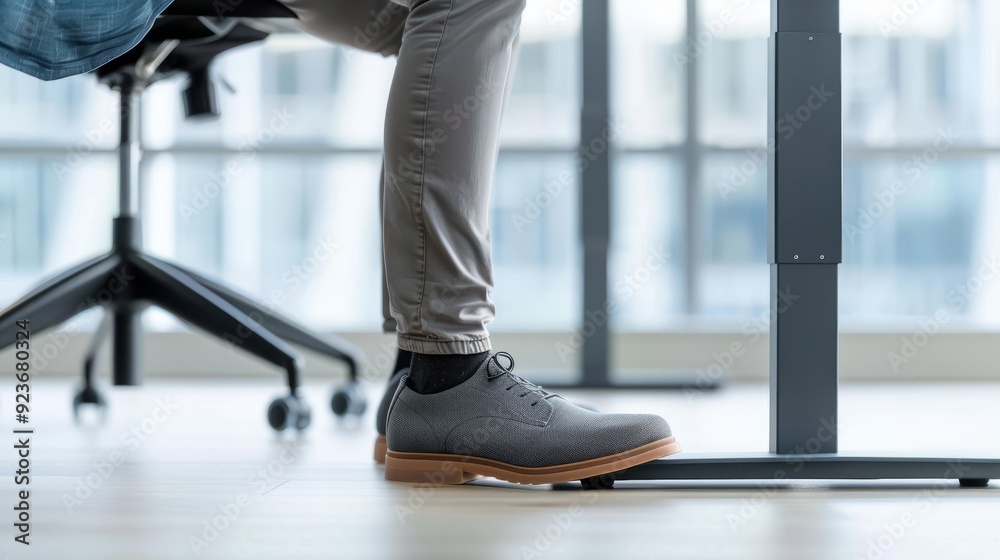 Adjusting to the Modern Office: A close-up of a man's feet adjusting a ...