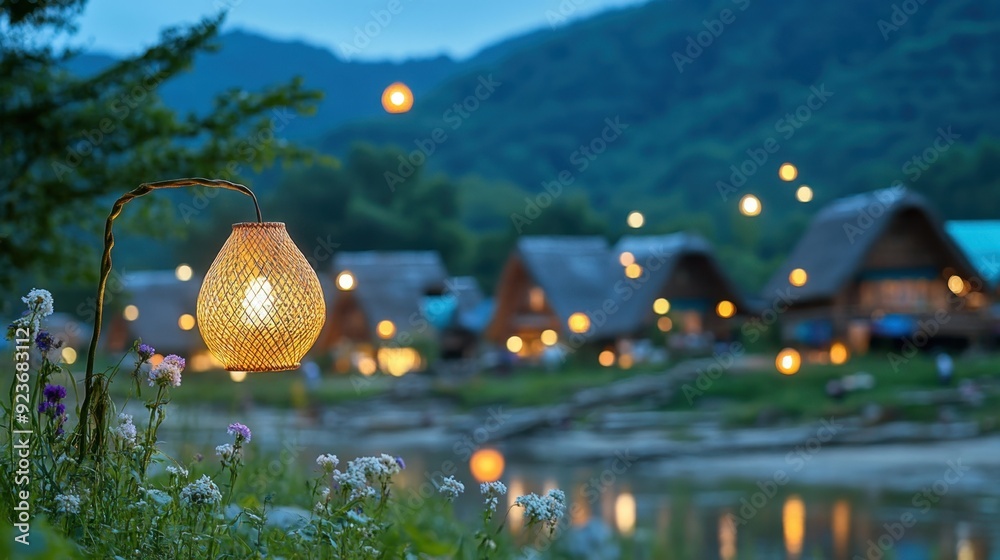 Lanterns drifting above a rural village, lighting up the traditional ...