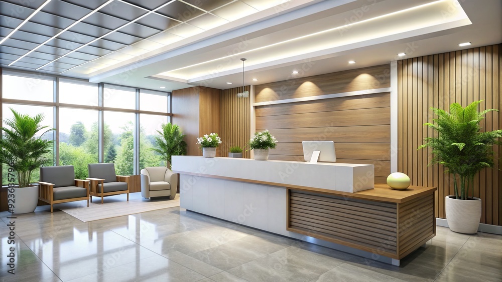 Modern hospital front desk with sleek counter, comfortable seating, and ...