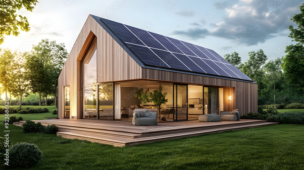 Modern eco-friendly house home solar energy panels roof green renewable ...