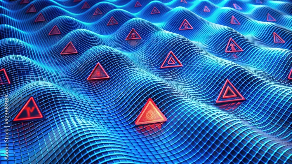 Wave patterns in blue matrix with red danger cues, matrix, code, waves ...
