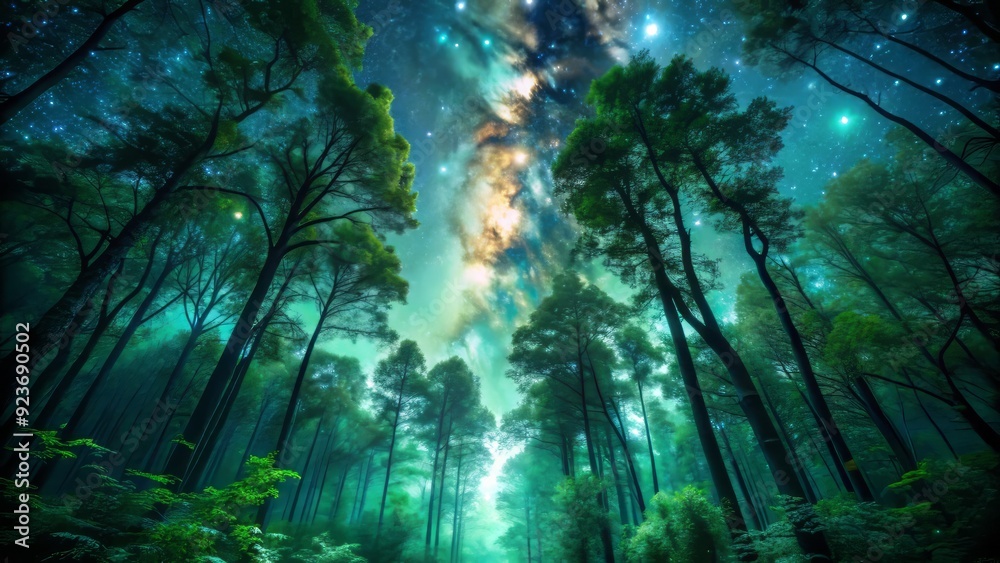 Mysterious and serene, a dense forest glows with an otherworldly deep ...