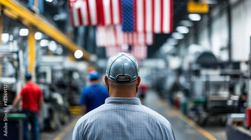 Labor Day at a factory: Workers in a bustling factory setting, machines ...